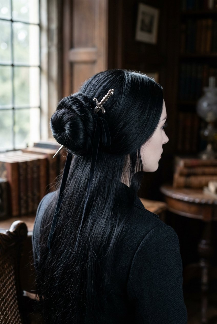 10 Gothic Twisted Bun Hairstyles for Tailbone-Length Hair | Dark ...